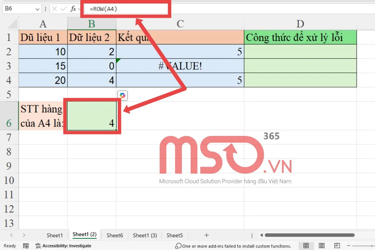 Dùng hàm ROW trong Excel trả về số hàng trong ô tham chiếu