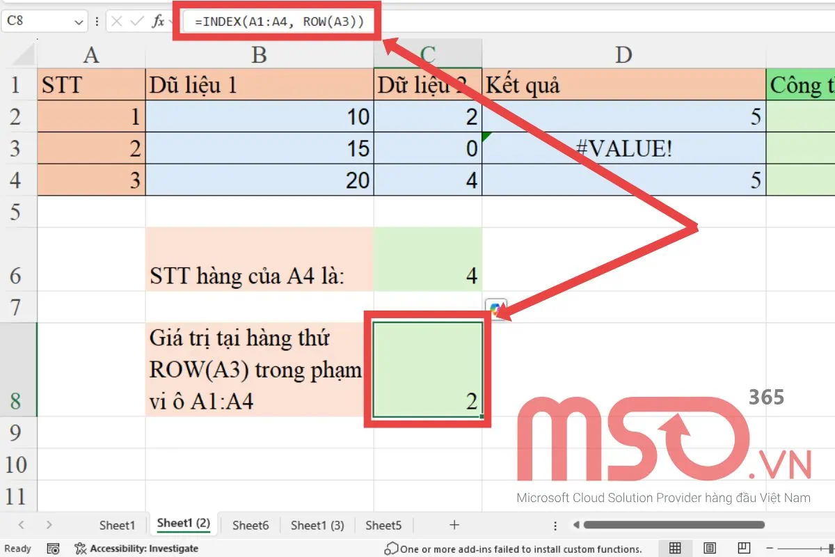 Dùng hàm ROW trong Excel trả về số hàng trong ô tham chiếu